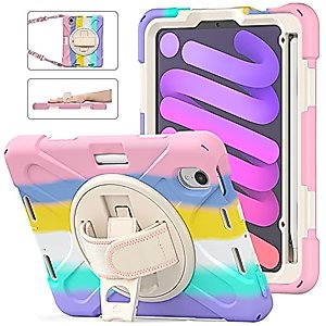 SIBEITU iPad Mini 6 Case 8.3 inch 2021 for Kids Girls with Pencil Holder, Heavy Duty Kids Proof W/Stand Hand&Shoulder Strap for Drawing Rainbow Pink