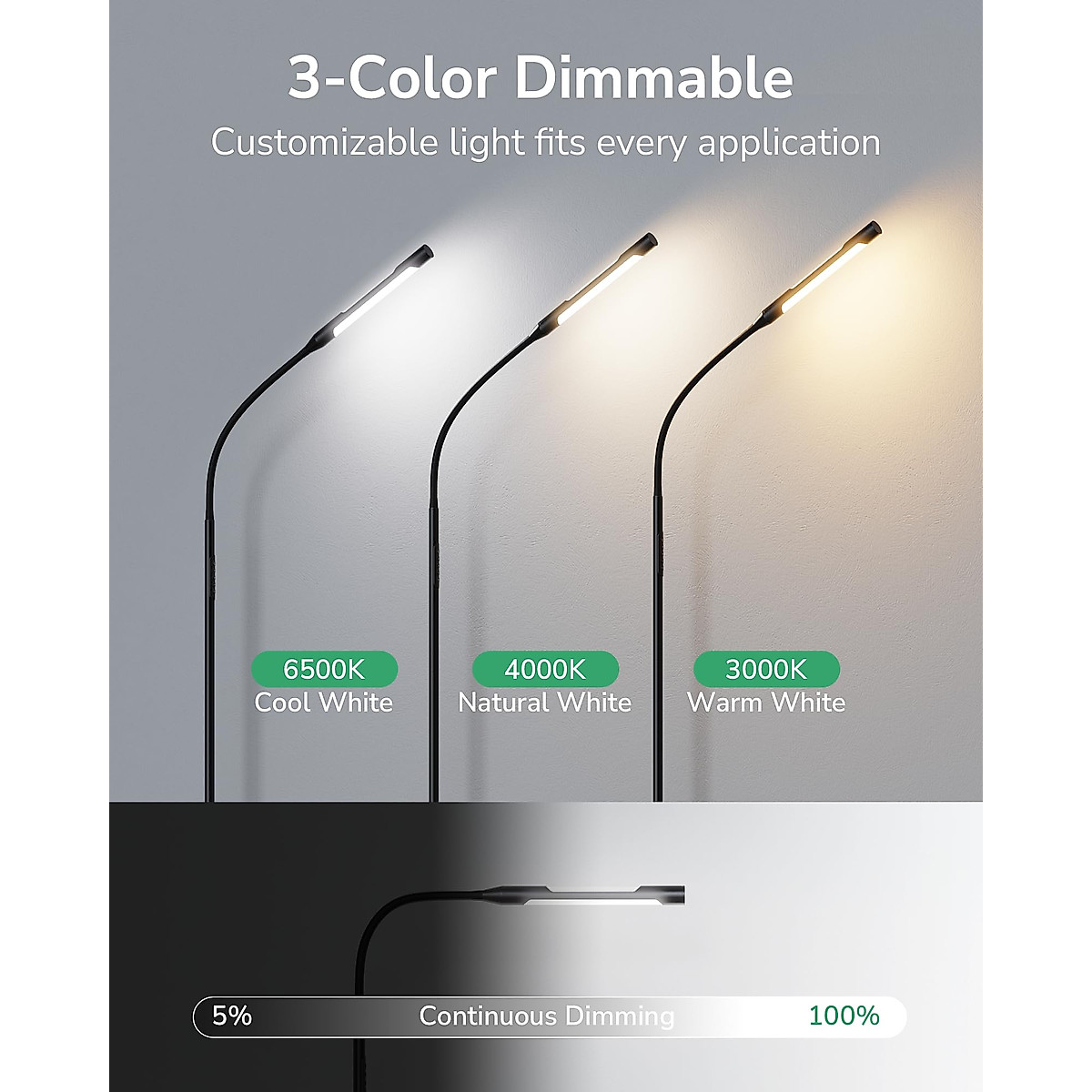 ULG 【Upgrade】 Double Side LED Floor Lamp, Tall 360° Adjustable Gooseneck Standing Reading Lamp for Bedroom, RGB & Dimmable Bright Task Light with 3000K-6500K Color Temps, Eyelash LED Floor Light