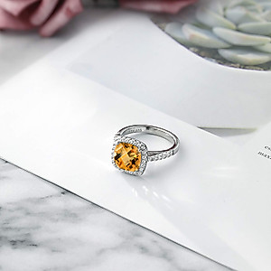 Gem Stone King 925 Sterling Silver Yellow Citrine and White Created Sapphire Engagement Ring For Women (2.50 Ct Cushion Checkerboard, Gemstone Birthstone, Available In Size 5, 6, 7, 8, 9)