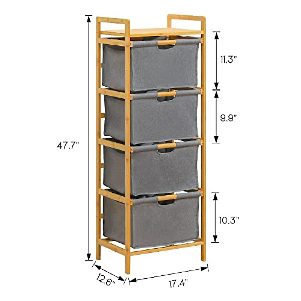 MoNiBloom Bamboo Organizer Clothing Storage Shelf with 4 Part Compartment Sorter Baskets Fabric Removable Clothes Drawers for Bedroom Laundry Living Room, Grey