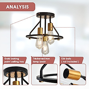 Qgiytp Industrial Semi Flush Mount Ceiling Light Fixture 3-Light Matte Black and Gold Chandelier E26 Farmhouse Ceiling Lamp for Entryway Hallway Bedroom Passway Balcony