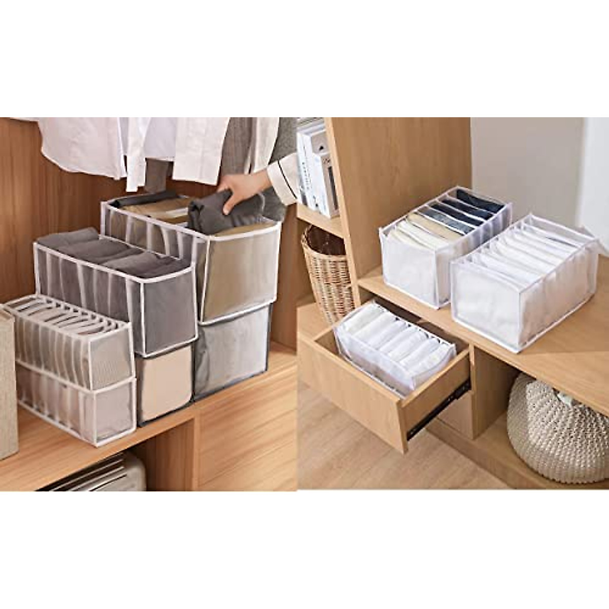 Domika 5pcs Wardrobe Clothes Organizer, Foldable Visible Closet Drawer Grid Storage Box , Portable Washable Storage Containers with Multiple Layers for Leggings, Jeans, T-shirts, Skirts (5PCS Set, White)