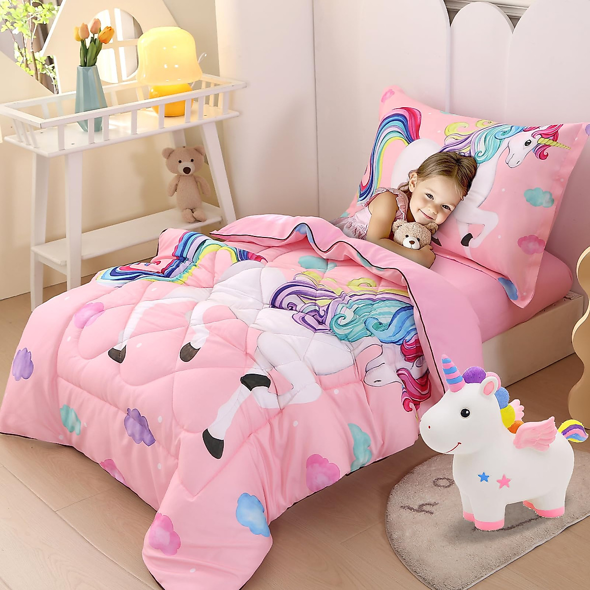 Wowelife Unicorn Toddler Bedding Set for Girls, Rainbow 4 Piece Toddler Bed Sheets Sets Pink Toddler Comforter Set Kids Bag in A Bag with Comforter, Flat Sheet, Fitted Sheet and Pillowcase, Pink