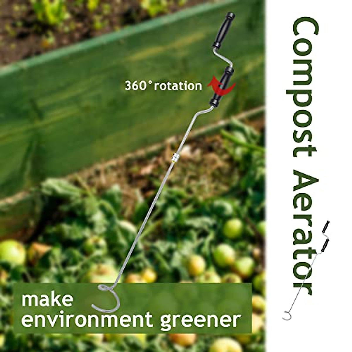 Compost Aerator Tool, Compost Turner and Mixing Tool for Outdoor Composting, Stainless Steel Manual Compost Bin Aerator Rotating Aerator Soil Tiller