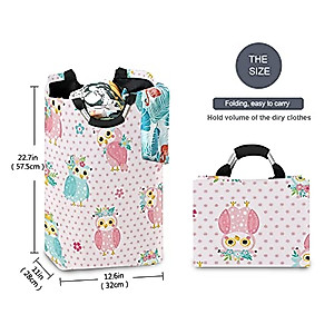 Exnundod Cute Flower Owls Laundry Basket Cartoon Style Large Laundry Hamper Folding Clothes Bag with Handle Oxford Clothes Washing Bin 22.7 Inch