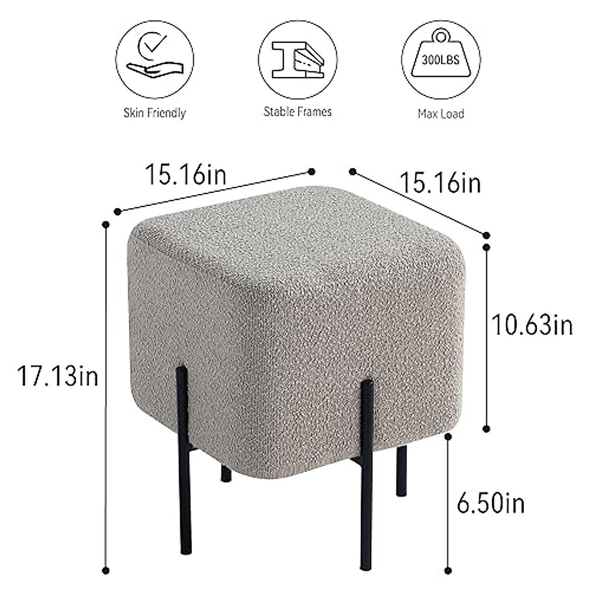 Get Set Style Modern Vanity Ottoman Stool Boucle Foot Stools Square Small Vanity Chair for Makeup Room Footrest Stool with Metal Legs Home Décor Stool for Living Room, Bedroom, Entryway