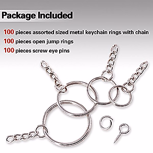 Swpeet 300Pcs Key Chain Rings Kit, 100Pcs Keychain Rings with Chain and 100Pcs Jump Ring with 100Pcs Screw Eye Pins Bulk for Jewelry Findings Making - 3/5 Inch, 4/5 Inch, 1 Inch, 6/5 Inch (Sliver)