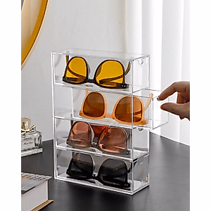 4 Drawers Acrylic Stackable Sunglasses Organizer, Clear Glasses Case Storage Organizer, Dust Proof & Waterproof Acrylic Drawers Sunglasses Storage Organizer for Dresser, Bedroom, Desk