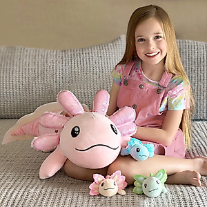 MaoGoLan 4 Pcs Axolotl Plush Stuffed Animal with Babies for Girls,32 inches Large Pink Axolotl Plush Pillow Toy with 3 Baby Axolotls Inside,Long Stuffed Axolotl Pillow Bulk for Axolotl Lover,Boys