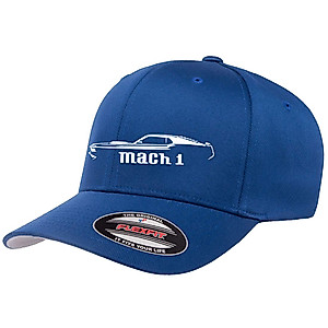 1970 Ford Mach 1 Mustang Outline Design Flexfit 6277 Athletic Baseball Fitted Hat Cap Royal L/XL