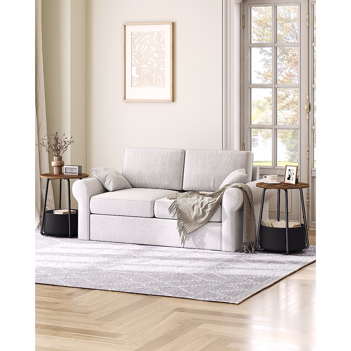 CHOEZON Round Side Table, Small End Table with Fabric Storage Basket, 2-Tier Bedside Table, Round Nightstand, for Small Space, Living Room, Bedroom, Nursery, Rustic Brown and Black TBZ03BF