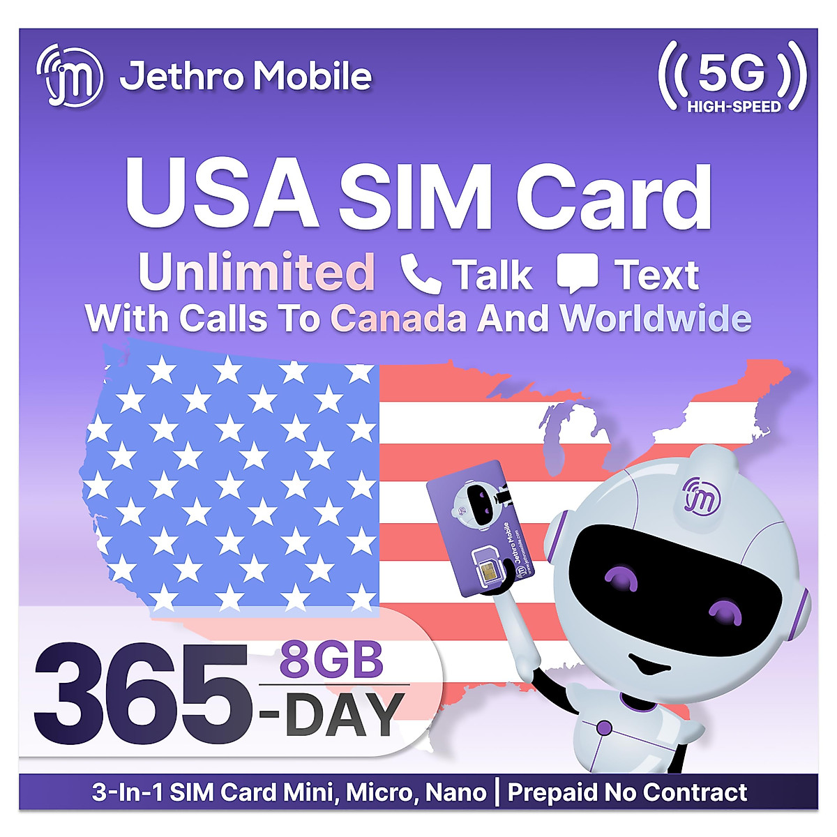 Jethro Mobile Cell Phone Plan for Seniors & Kids (No Contract), 8GB High-Speed Data, Unlimited Talk & Text, SIM Card Kit (1 Year)