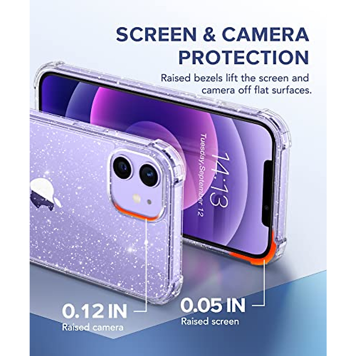 BERFY for iPhone 12 Case and iPhone 12 Pro Case Glitter, with 2X Screen Protector & 2X Camera Protector, [Non-Yellowing] Sparkly Crystal Shockproof Bumper Phone Case for Women Girls 6.1",Glitter Clear