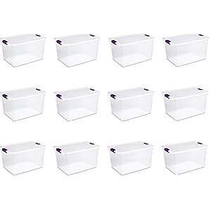 Sterilite 17571706 66-Quart ClearView Latch Box Storage Tote Container with Purple Handles for Home or Office Organization, 12 Pack