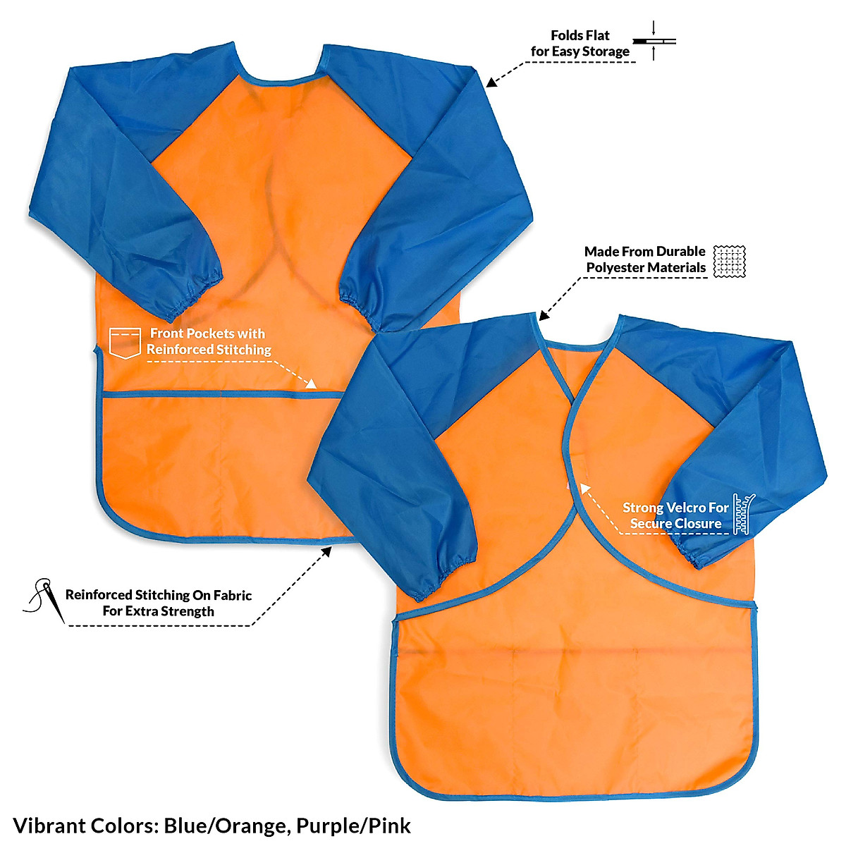 Smocks For Kids - 2 Pack Kids Smock, Toddler Smock, Water Resistant Washable Eco Friendly Long Sleeve Painting Aprons with Pockets for Arts, Crafts, Painting, School, Projects, DIY, Children Ages 2 -7