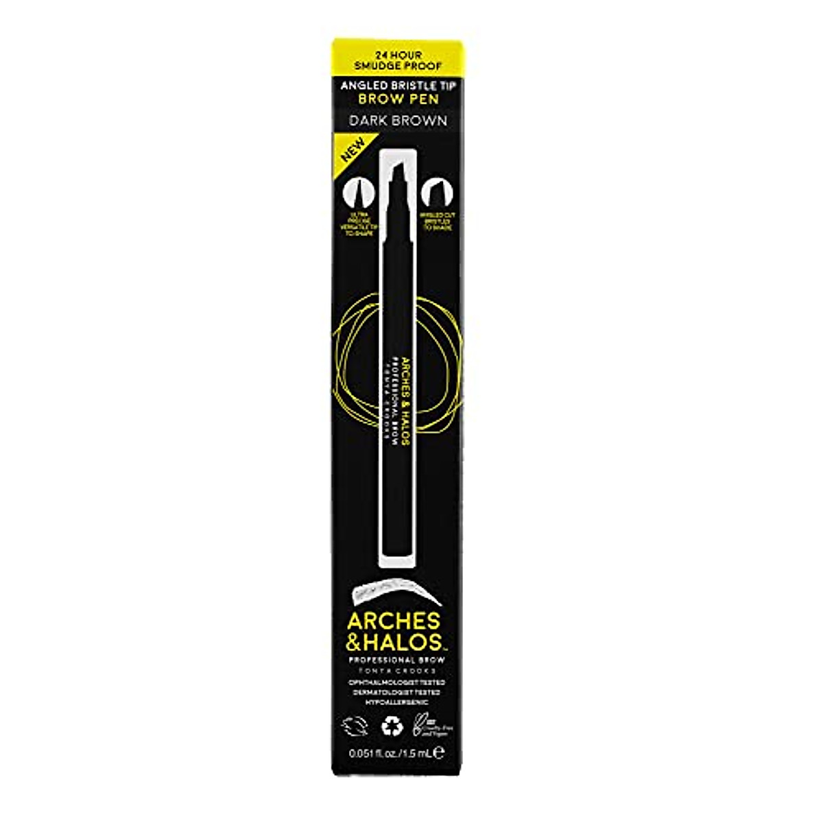 Arches & Halos Angled Bristle Tip Waterproof Brow Pen - Water Based And Smudge Proof - Fills In Sparse Eyebrows And Gives Fuller Effect - Covers Scars Or Overplucked Brows - Dark Brown - 0.051 Oz