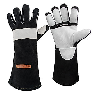 YESWELDER 16 Inches,932℉,Leather Forge MIG Welding Gloves, with Kevlar Stitching Heat/Fire Resistant, Palm Reinforcements, Black-Gray