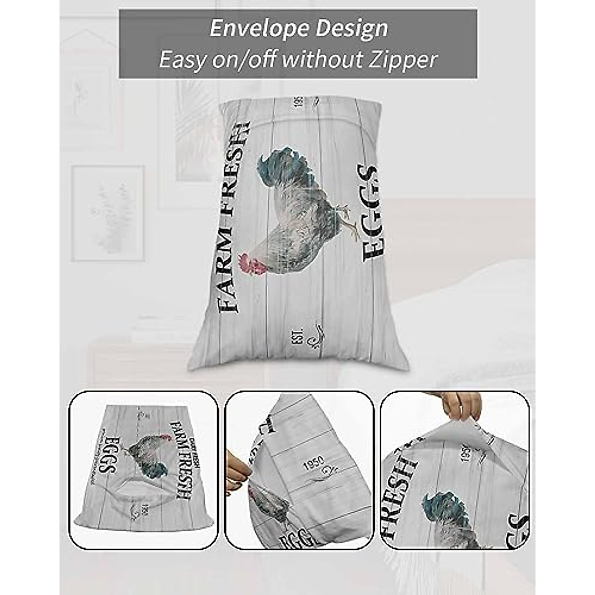 Edwiinsa Farmhouse Rooster Pillow Covers King Standard Set of 2 20x36 Bed Pillow, Farm Animals Rustic Oil Painting Wooden Plush Soft Comfort for Hair/Skin Cooling Pillowcases with Envelop Closure