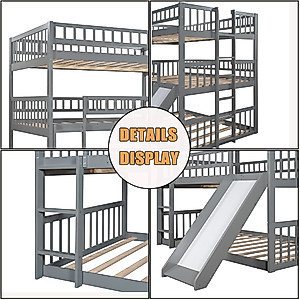 Harper & Bright Designs Triple Bunk Beds with Slide ，Wooden Bunk beds Full Over Full Over Full ，Floor Triple Bunk Bed with Ladder & Guardrails for Kids/Teens/Adults,Can be Convertible to 3 Beds,Gray
