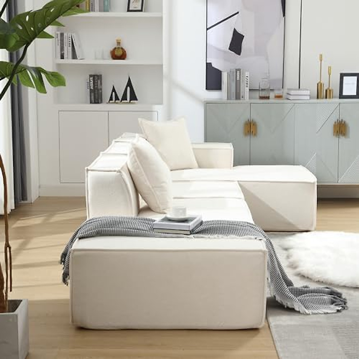 L-Shaped Combination Cloud Sofa Minimalist Modular Sectional Couch Towelling Fabric Floor Sofá 4-Seater Corner Couches Italian Tofu Block Corner Sofa&Couch, Right-Hand Facing Chaise Lounge