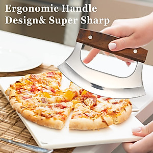 Hanaive 2 Set Pizza Cutter Mezzaluna Ulu Knife with Base Salad Veggies Chopper Slicer Cutter Mezzaluna Knife Cleaver Chopping Salad Chopper Stainless Steel Blade for Chef