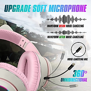 Mokata Gaming Headphone Wired USB Connect 7.1 Surround Stereo Over Ear Cat LED Light Fit Adult & Kid Foldable Headset with Mic for PC PS4 PS5 Game Laptop Pad H03 Cyan Beige White