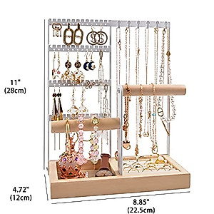 Jewelry Holder Organizer, Earring Holder Organizer with 48 Holes and Ring Tray, 6 Hooks Necklace, Bracelets Holder, 5-Tier White Jewelry Rack for Watch, Piercing, Stud, Jewelry Organizer, Room Decor