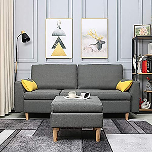 Best-Living Furniture Modern Linen Fabric L-Shaped Small Space Sectional Sofa with Stool, Reversible Chaise, in Grey
