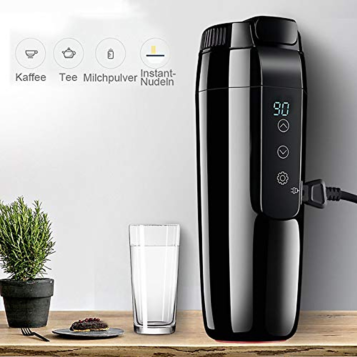 12V Car Travel Electric Kettle, Car Heating Mug with Anti-Spill Lid, Portable Coffee Travel Cup 20℃~90℃ Variable Temperature Control Kettle for Tea/Milk, 304 Stainless Steel Bottle, 70W Quick Heating