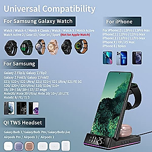 3 in1 Wireless Charger for Samsung, Qi Fast Wireless Charging Station with Clock/Alarm/Night Light for Samsung Galaxy Watch 5/Pro/4/3,Active 2/1,Galaxy S22/S21/Z Flip/Fold 3,Galaxy Buds 2/Pro/Live