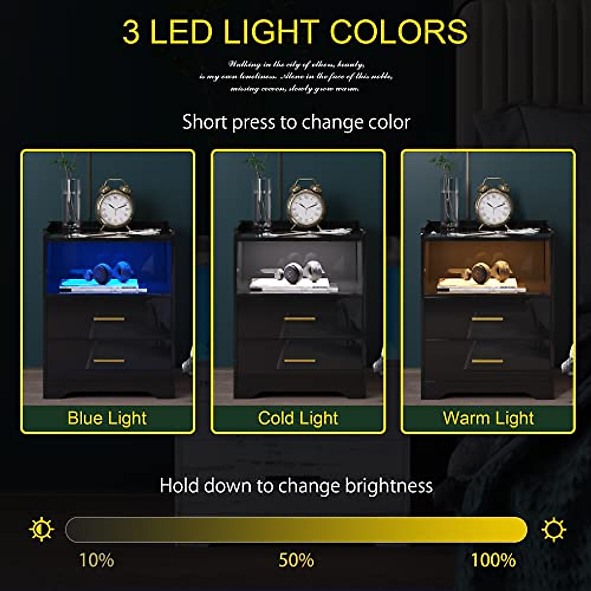 HNEBC Auto LED Nightstand with 2 USB Charging Station, High Gloss Black Nightstand Side Table with 2 Drawers,Bedside Table has Infrared Induction/3 Color LED Lighting/Adustable Brightness(Black)