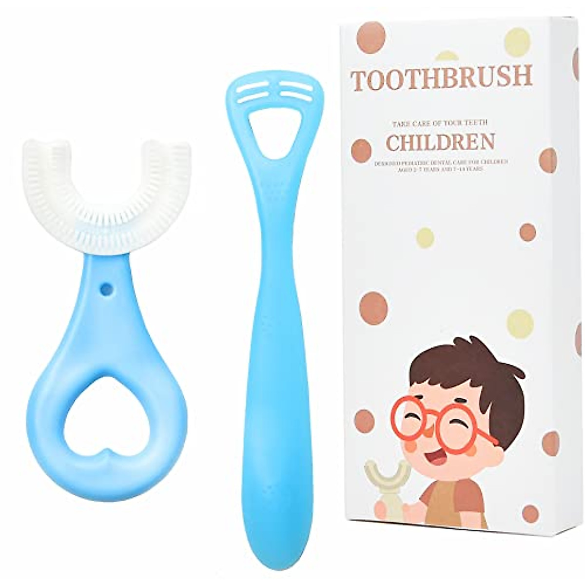 [2PC] Kids U Shaped Tooth Brush Safe Brushing For Teeth and Gums with Silicone Soft Tongue Scraper Cleaner [Ages 2-6] Blue