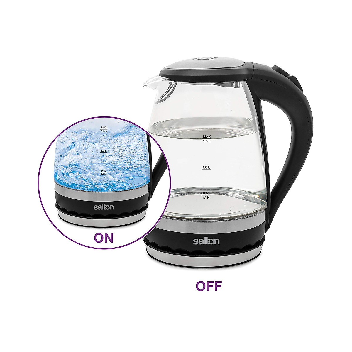 Salton Cordless Electric Compact Glass Kettle, Water Boiler and Tea Heater, Soft Blue Illumination, 1.5 Liter/Quart with Automatic Shut-Off and Boil-Dry Protection, 1100 Watts (GK1831)