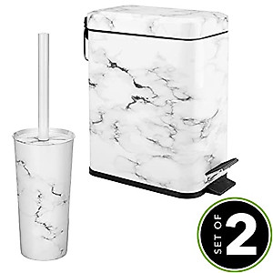 mDesign Metal Freestanding Slim Toilet Bowl Brush and Holder + Rectangle Narrow 5 Liter / 1.3 Gallon Step Pedal Trash Can Wastebasket for Bathroom - Small, Compact Design - Set of 2 - White Marble