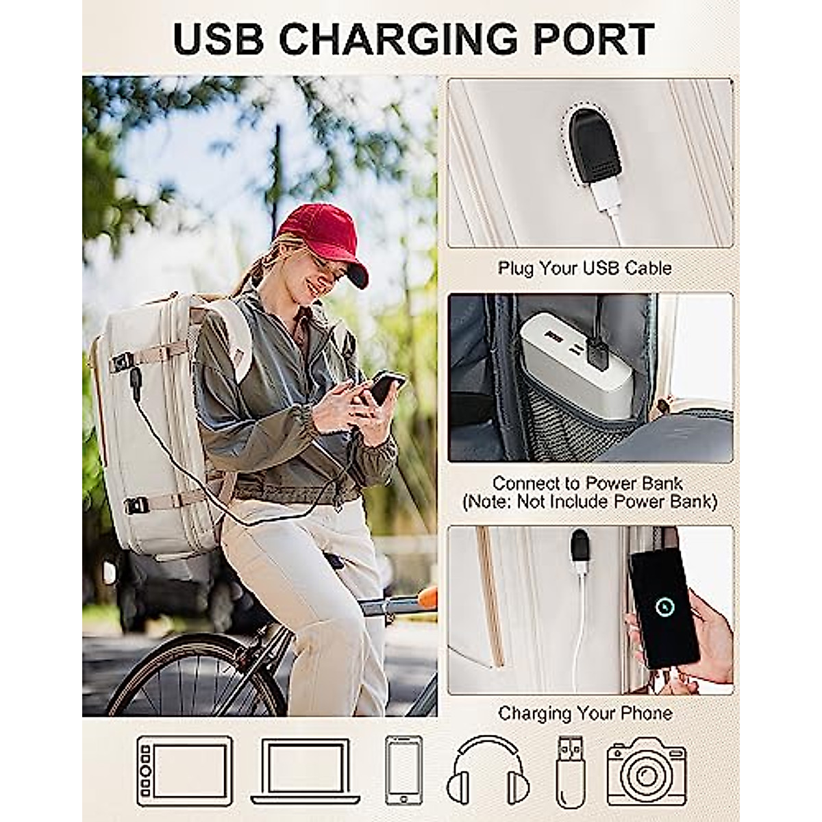 Carry on Backpack for Women, 52L TSA Travel Laptop Backpack with USB Port & Shoes Compartment Fits 17 inch Computer, Extra Large Expandable Flight Approved Weekender Bag with 2 Packing Cubes, Beige