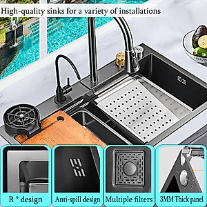 BIGYOUZI 30''Waterfall Kitchen Sink Black 304 Stainless Steel Waterfall Pull-Faucet Single Bowl Bar sinks Family Kitchen Sink with Full set Accessories (29.52''x17.7'')