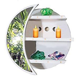Big Fancy Crescent Moon Shelf with Moon Mirror Wooden Shelf - Celestial Chic Boho Scandinavian Decor- Perfect for Crystals Urban Apartments Living Room Bedroom (Multiple Colors Available) (White)