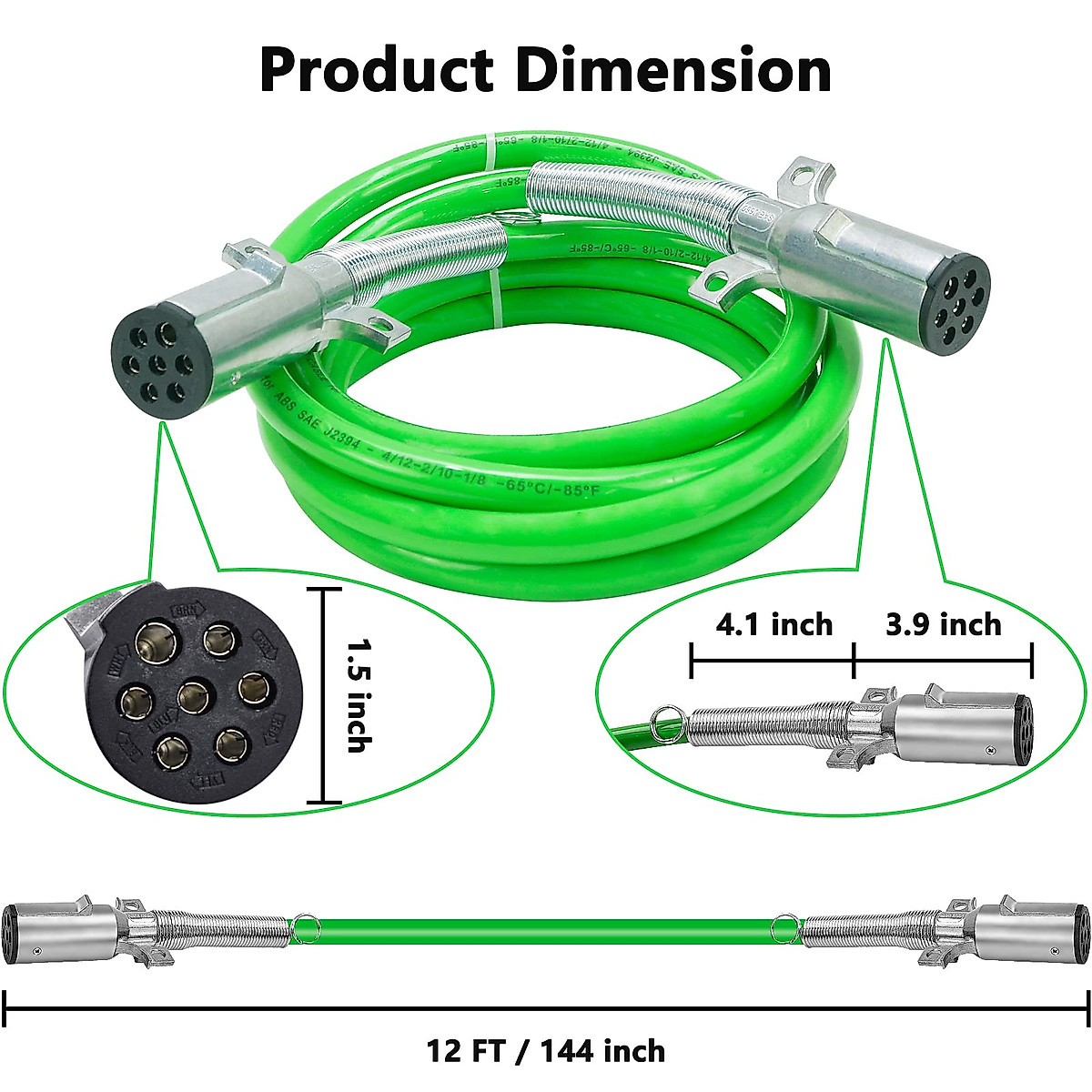 Voilamart 7 Way Trailer Cord Cable 15 Ft Green ABS Straight Trailer Electrical Power Cord Plug for Semi Trucks Trailer Tractors