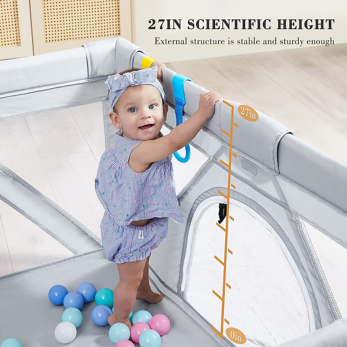 ANGELBLISS Baby Playpen, Foldable Playpen for Babies and Toddlers, Indoor & Outdoor Baby Activity Center with Visible Breathable Mesh, Portable Play Yard with 2 Handlers+50 Balls-59”×71”（Grey）