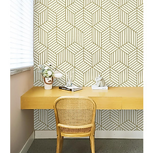 CiCiwind Peel and Stick Wallpaper Gold and Beige Contact Paper Geometric Striped Hexagon Wallpaper Removable Self Adhesive WallPaper Waterproof Vinyl Paper for Cabinets Shelf Drawer 15.7"x78.7"Upgrade