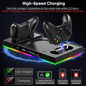 Upgrade Cooling Fan &Dual Controller Charging Station for Xbox Series X with 15RGB Light, Vertical Stand Charger Dock with 2 Rechargeable Batteries Packs, Cooler System with Disc Accessories Storage