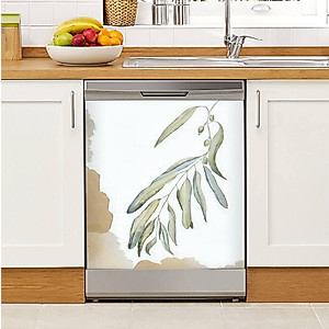 Dishwasher Magnet Cover Watercolor Hand Drawn Botanical of a Wild Olive Branch with Leaves and Magnetic Refrigerator Stickers Decorative Appliance Cover Fridge Panels Metal Door Garage 23"Wx26"H