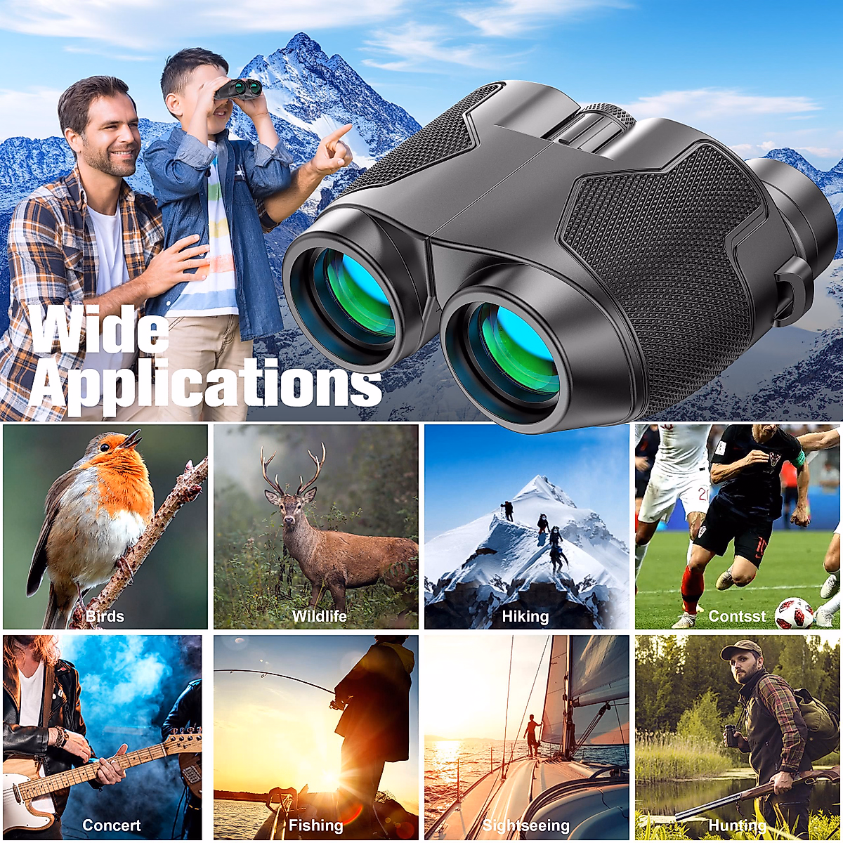 Binoculars 12x25 for Adults and Kids Night Vision Binoculars Compact Binocular Large Eyepiece Waterproof Binocular Wide Field of View for Bird Watching,Hiking,Hunting,Concert with Carrying Bag