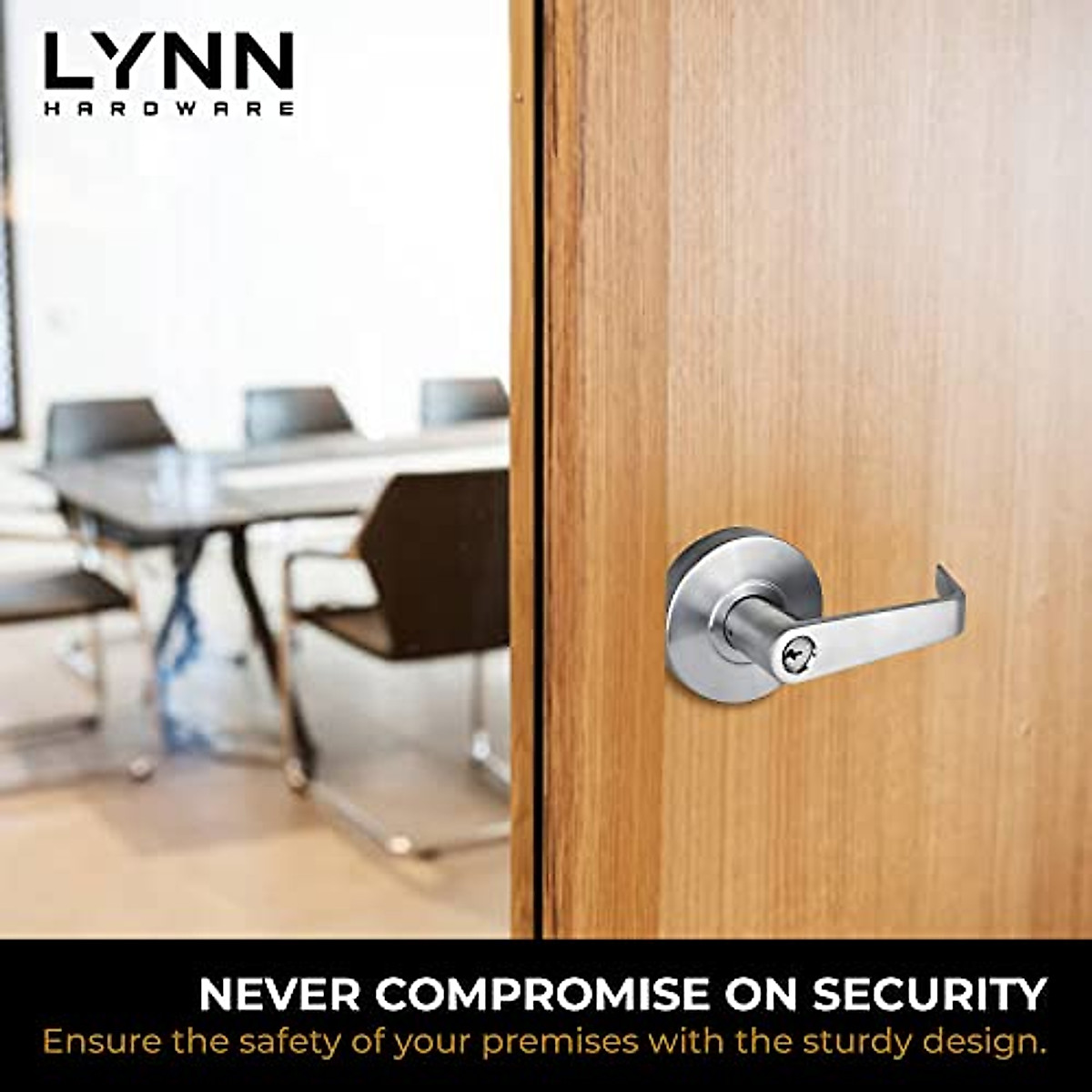LYNN HARDWARE Commercial Door Lever Lock - Heavy-Duty Locking Door Handle, Designer Door Handles, Cylindrical Lever Lock, Non-Handed Grade 2 Door Handle, Satin Chrome, Classroom Function