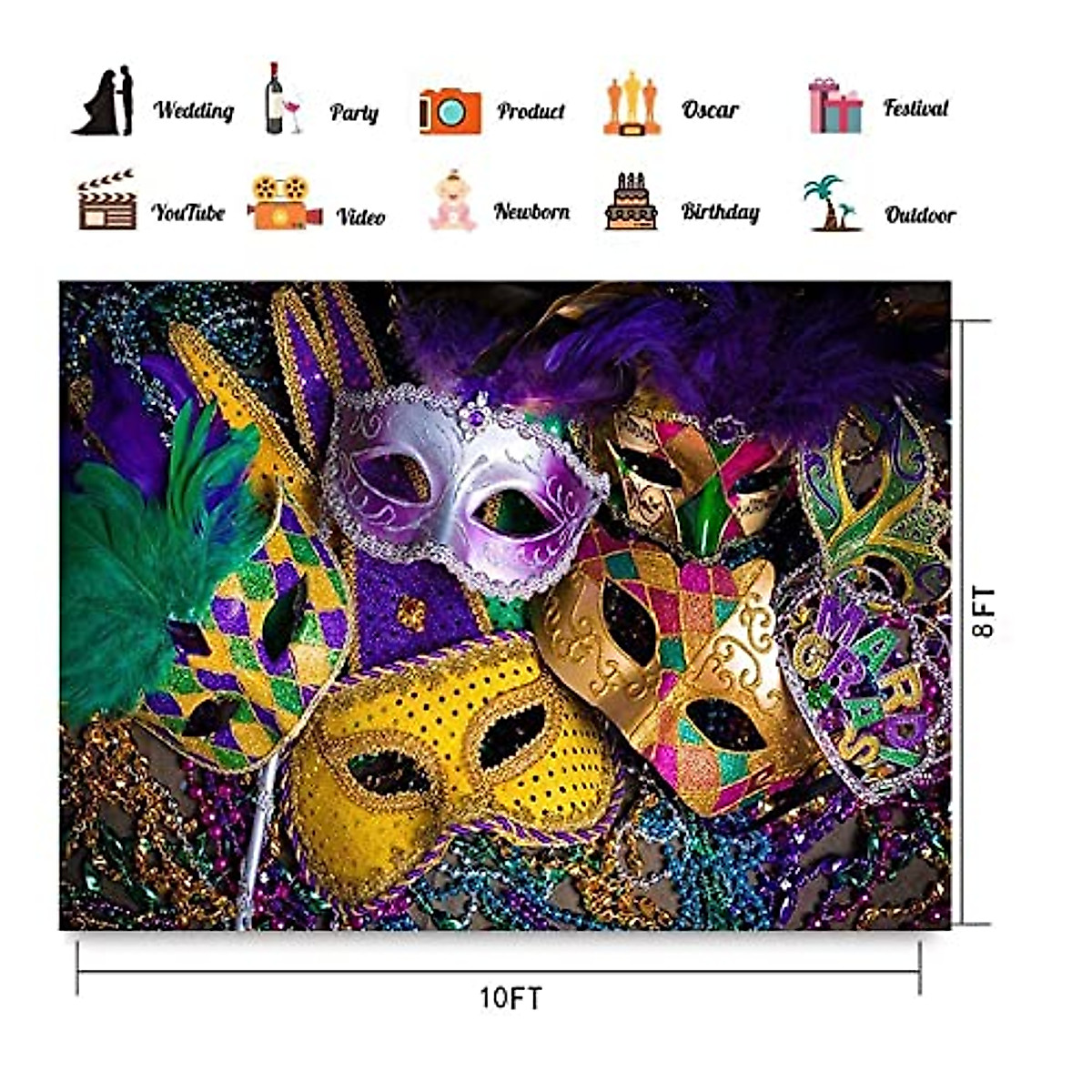 10X8FT Mardi Gras Theme Photography Backdrop Masquerade Backgrounds Birthday Dancing Party Photo Booth for Wedding Bachelorette Party Decorations Banner