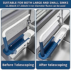 FGSAEOR Telescopic Sink Storage Rack, Adjustable Telescopic 2-in-1 Sink Shelf Rack with a Dish Cloth, Expandable Sponge Soap Holder & Dishcloth Hanger for Sink, Storage Drain Basket for Kitchen (Blue)