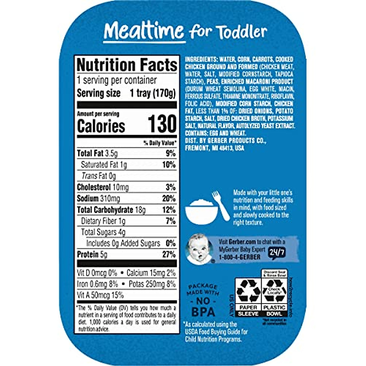 Gerber Mealtime for Toddler Pasta Stars with Chicken & Vegetables, Toddler Meal Made with No Preservatives, Just Heat & Serve, 6-Ounce Tray (Pack of 8)