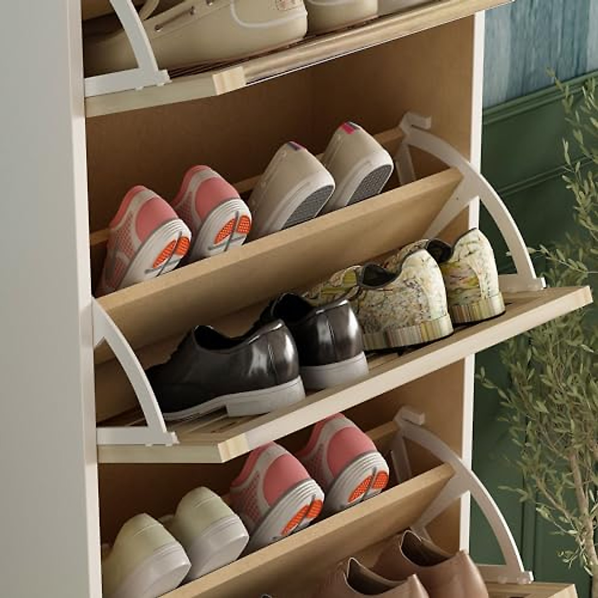 FAMAPY Tall Shoe Storage Cabinet with 4 Flip Drawers, Narrow Shoe Cabinet for Entryway, Shoe Storage for Hallway Light Brown and White (21.7”W x 9.8”D x 61”H)