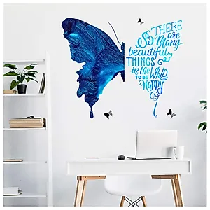 LQANG Big Blue Butterfly Wall Stickers to Be Happy Inspirational Quotes Window Decals Decorations Murals Wall Art Decorative Sticker for Cute Party Decor Supplies