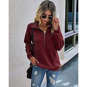 PRETTYGARDEN Women’s Casual Long Sleeve Lapel Zipper Sweatshirt Drawstring Loose Pullover Tops Wine Red